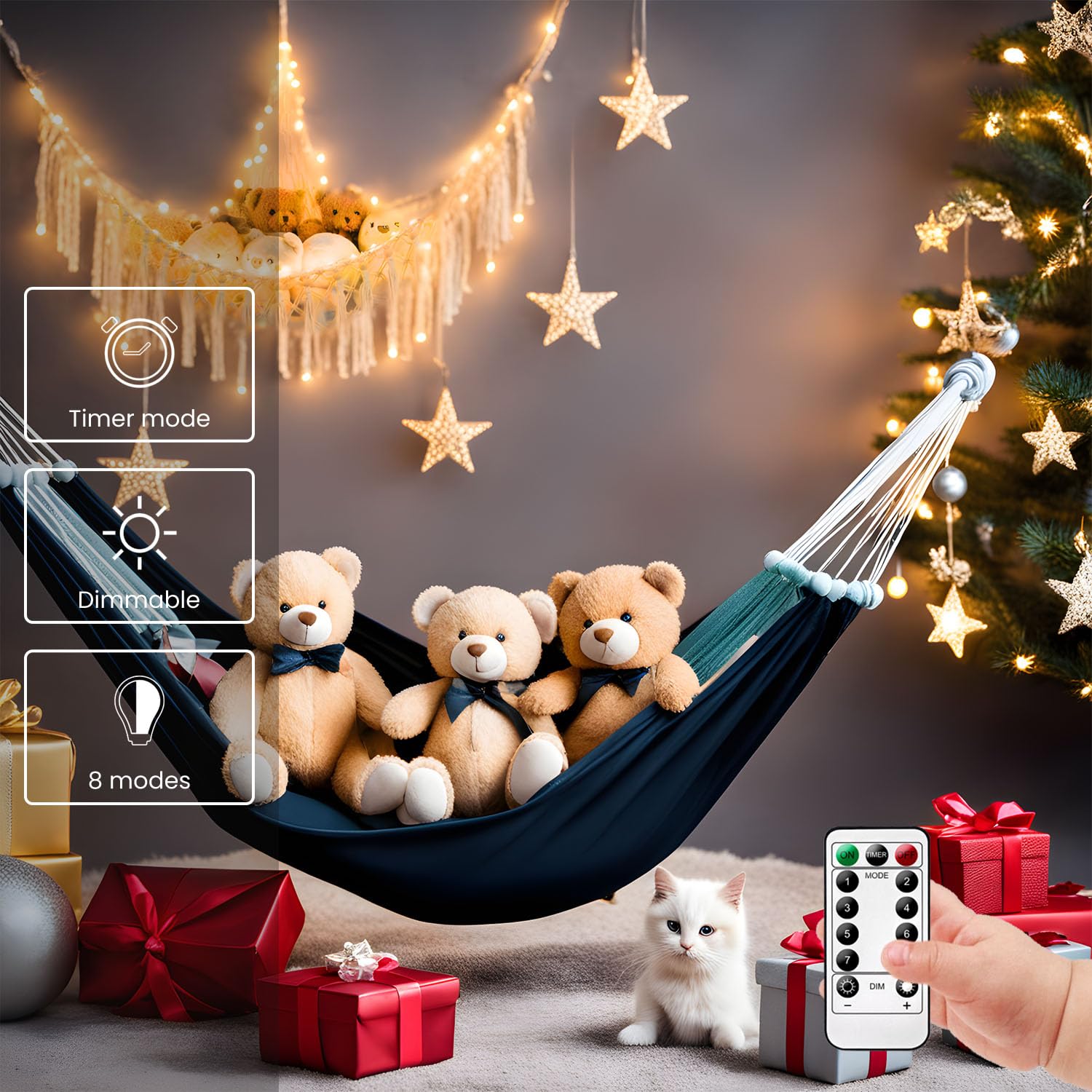 Stuffed Animal Hammock with 75LEDs, Extra Large 55in Toy Storage Macrame Hammock, Hanging Toy Net for Kids Bedroom Doll Room Corner Organizer, USB Plush Toy Hammock with Remote(XL)