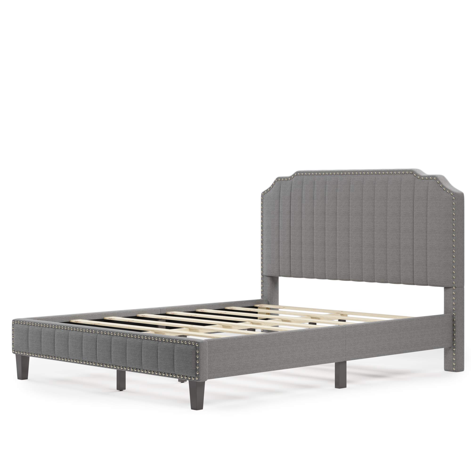 Tmosi Queen Size Upholstered Platform Bed Frames with Headboard, Modern Linen Curved Bedroom Furniture with Wood Slat Support, No Box Spring Needed (Grey)