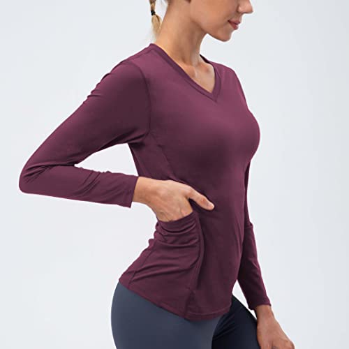 Women's 3 Pack Dry Fit Athletic tightfitting V-neck Long Sleeve,Black,Wine Red,Dark Green,Medium
