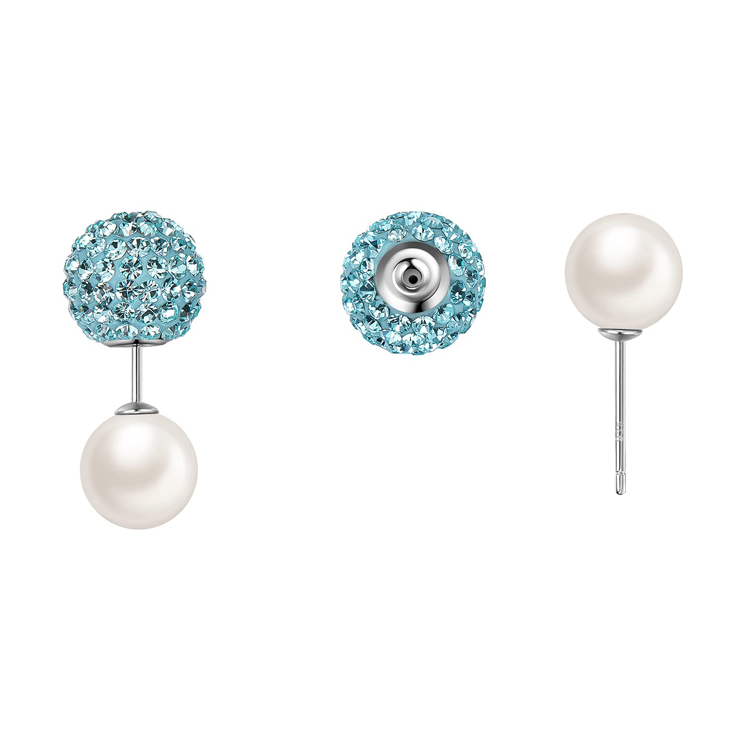 Pearl Crystal Double Sided Stud Earrings Front Back Catch Earring for Women 10mm (White )...