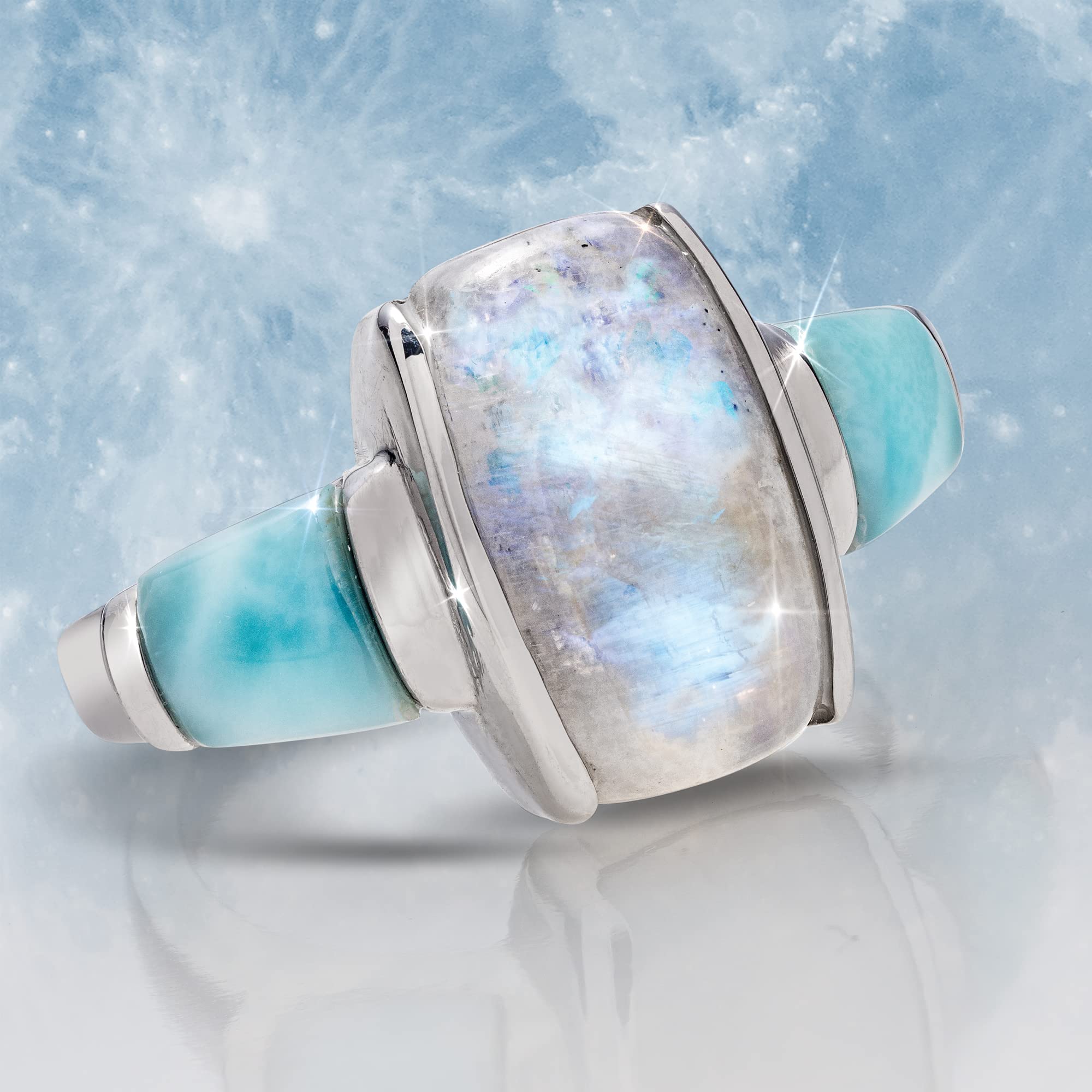 Stauer Larimar & Moonstone Ring β Genuine Gemstone Rings for Women β .925 Sterling Silver Rings for Women β Rare Larimar Jewelry Womens Rings size 07