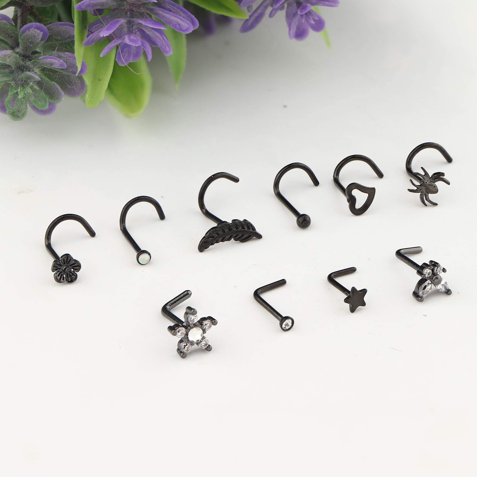ORAZIO 10Pcs 20G Stainless Steel Stud Nose Ring for Women Men Nose Screw Rings Studs L Shape Nose Body Piercing Jewelry