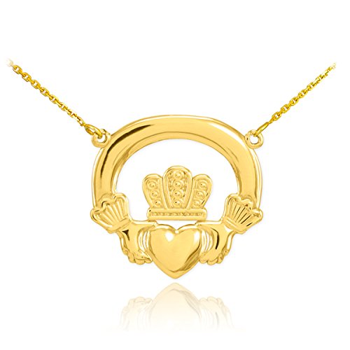 Sideways Crosses Dainty 14k Yellow Gold Celtic Irish Claddagh Heart Necklace (20 Inches)