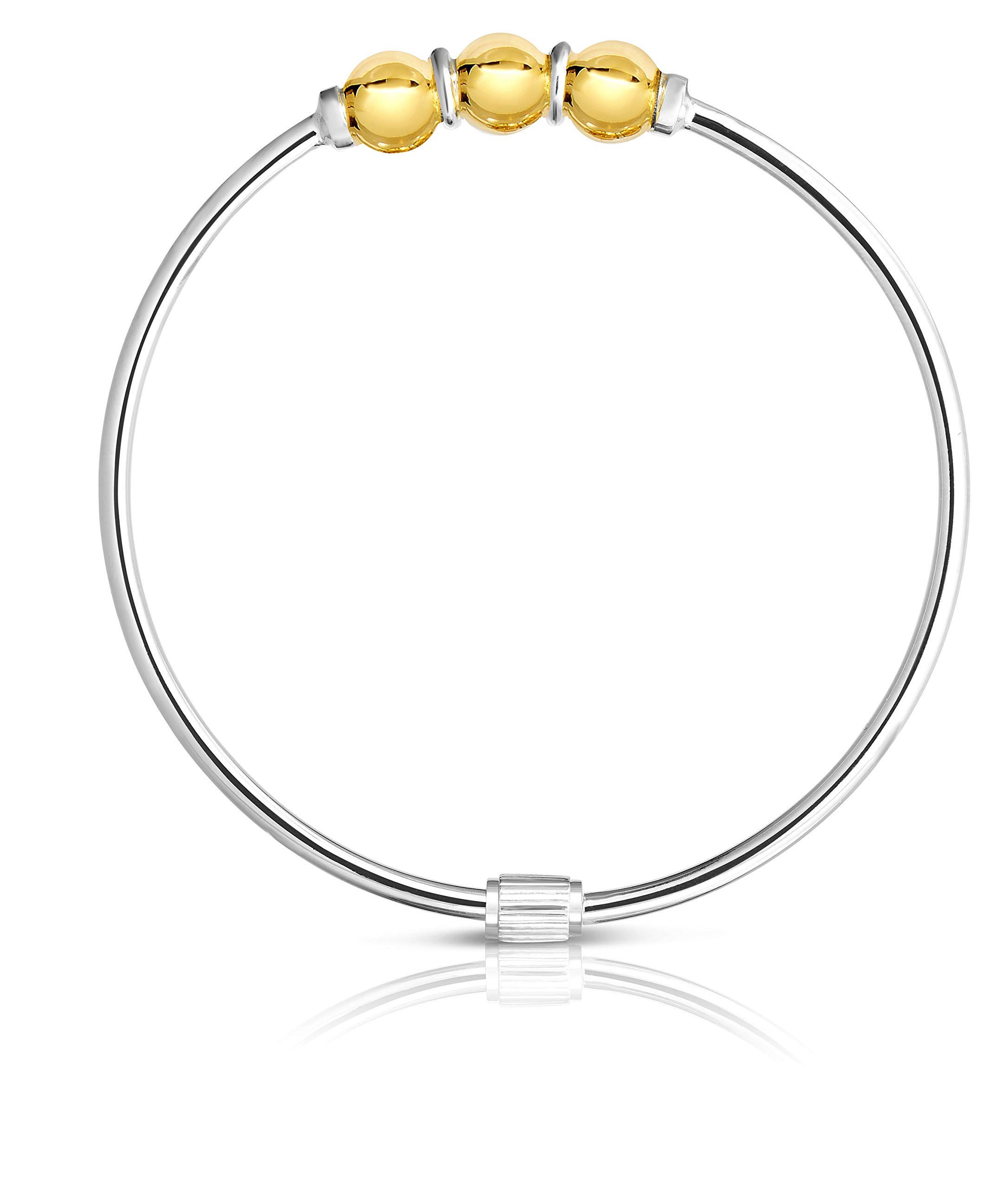 Unique Royal Jewelry Solid 925 Sterling Silver And 14K Gold Triple Ball Designer Ocean Side Bracelet Bangle. (14K Yellow Gold And Sterling Silver Size-6.5)