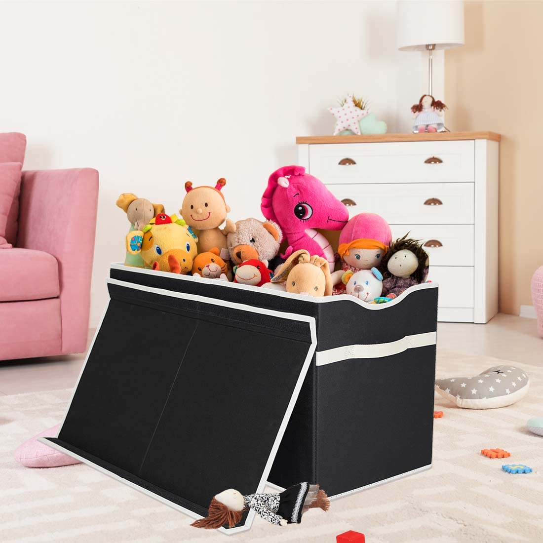 VICTOR'S Kids Toy Box Chest - 2 Pack Large Lightweight Collapsible Toy Storage Organizer Boxes Bins Baskets Black + Beige, 26.8in x 13.8in x 16in
