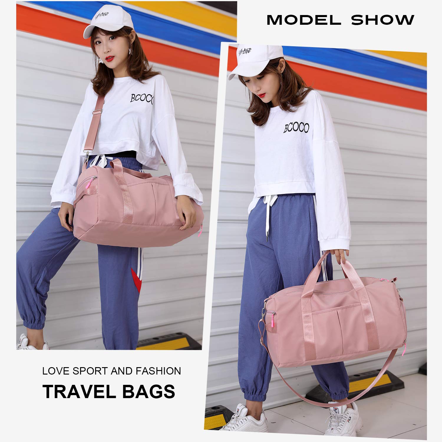 PlasMaller Travel Bag Carry On Sports Gym Duffel Luggage Shoulder Pack for Women (Pink)