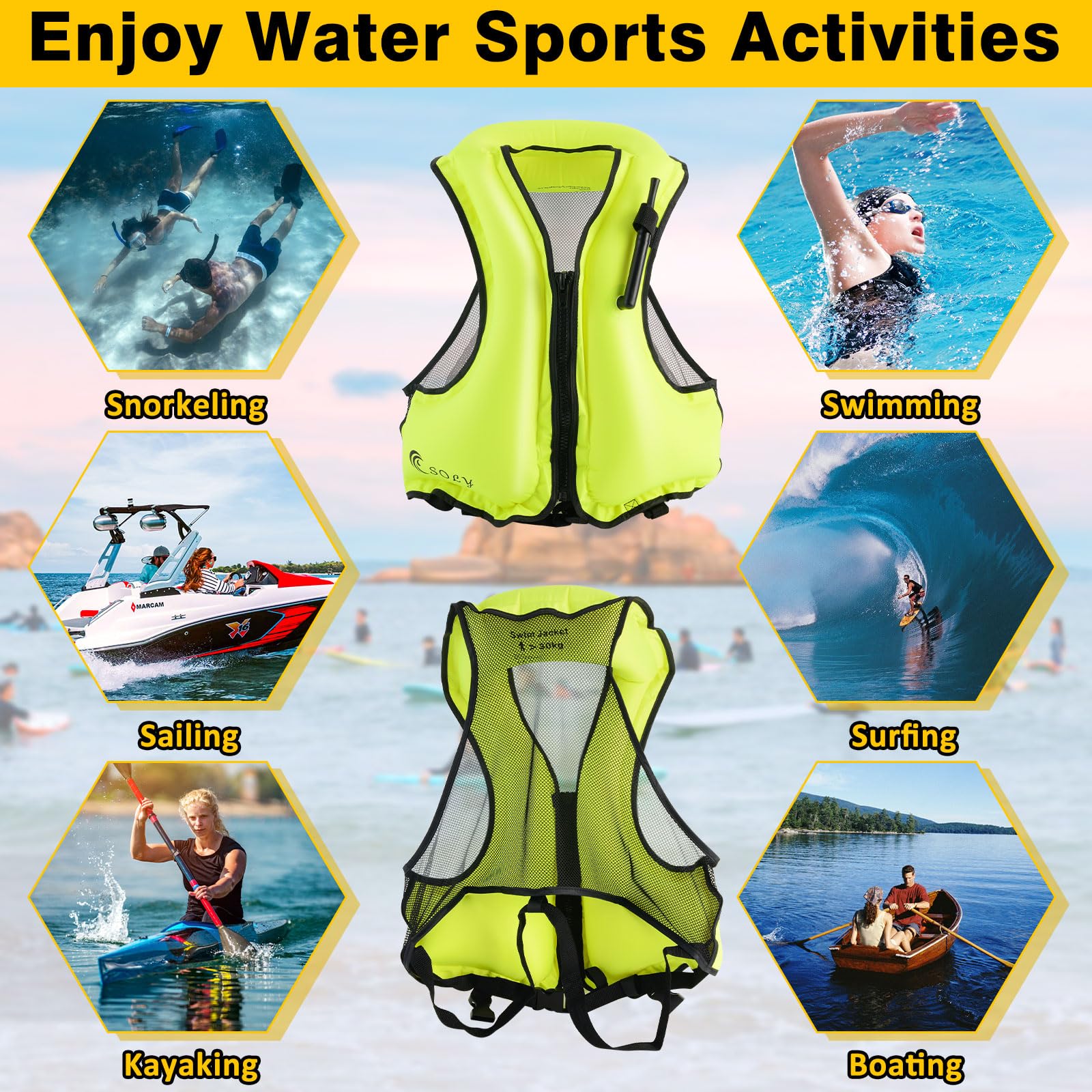 SOLY Inflatable Snorkel Vest for Adults,Snorkeling Vest,Snorkeling Vest for Kayaking Canoeing Water Sports Safety.