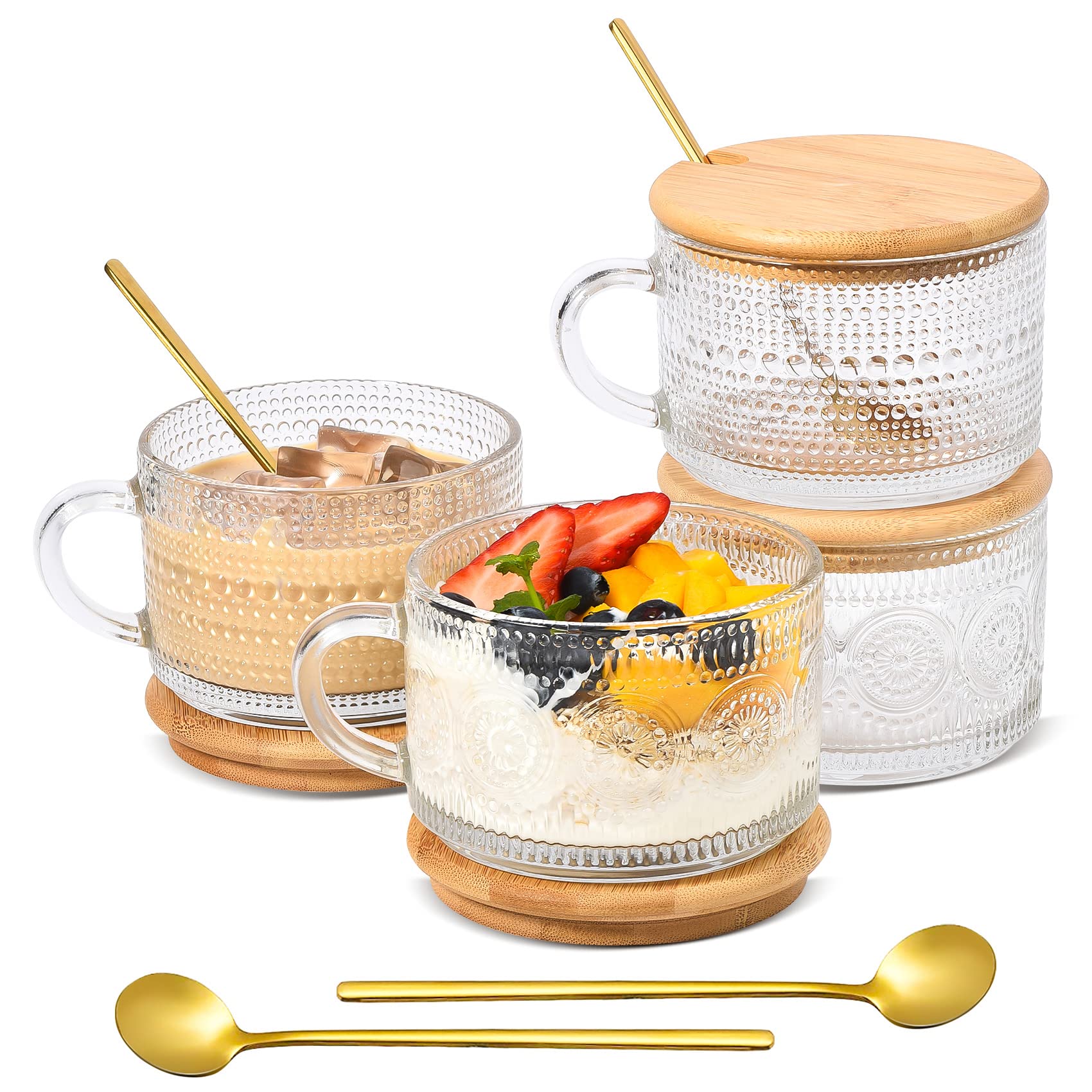 TIMIFTE Vintage Coffee Mugs Set of 4 Embossed Tea Cups, Overnight Oats Containers with Bamboo Lids and Spoons, 14oz Glass Coffee Cups for Cappuccino, Latte, Cereal, Yogurt, Beverage, Clear