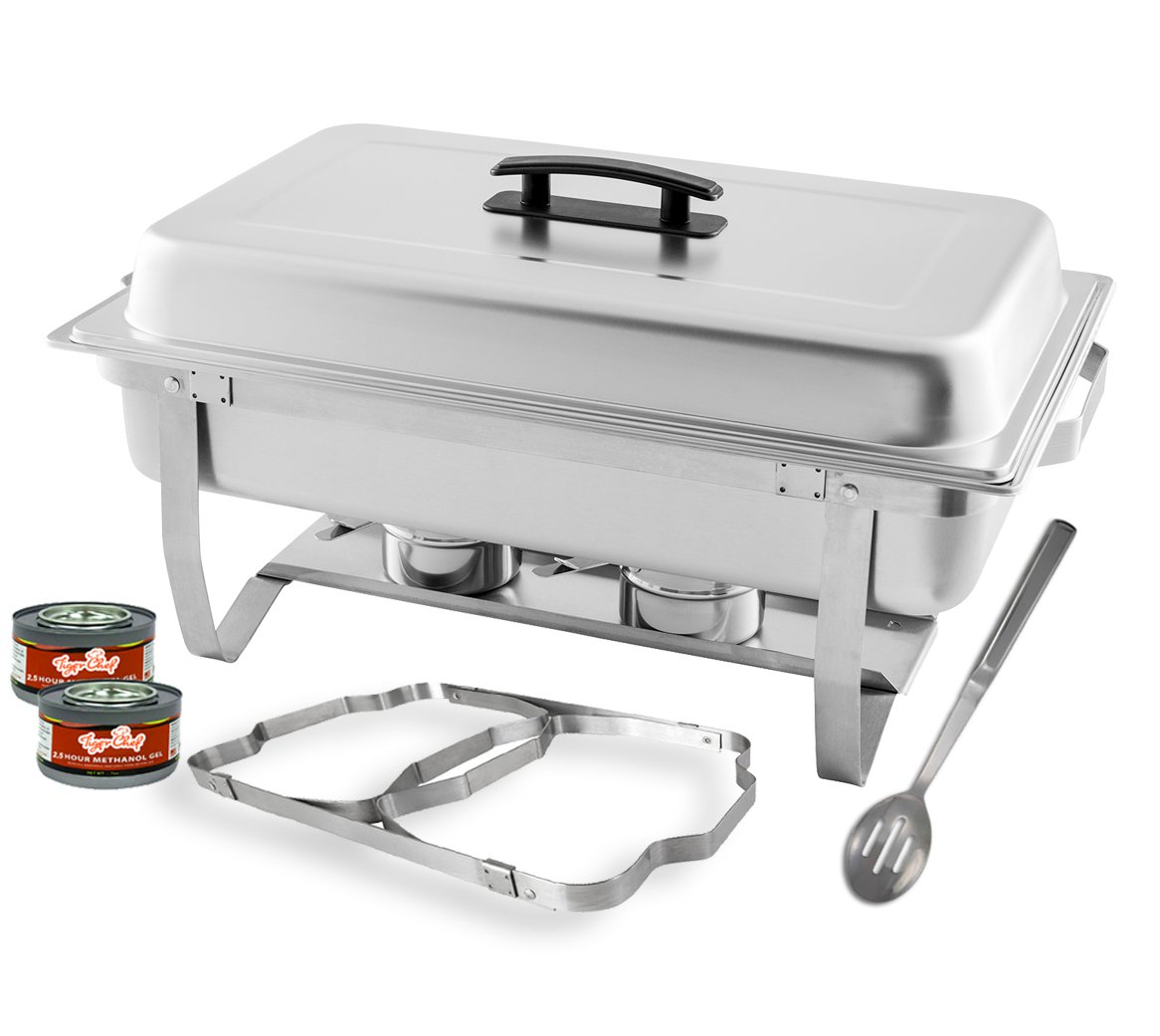 TigerChef 8 Quart Full Size Stainless Steel Chafer with Folding Frame and Cool-Touch Plastic on top - Includes 2 Free Chafing Gels and Slotted Serving Spoon (1, 8 Quart Chafer)