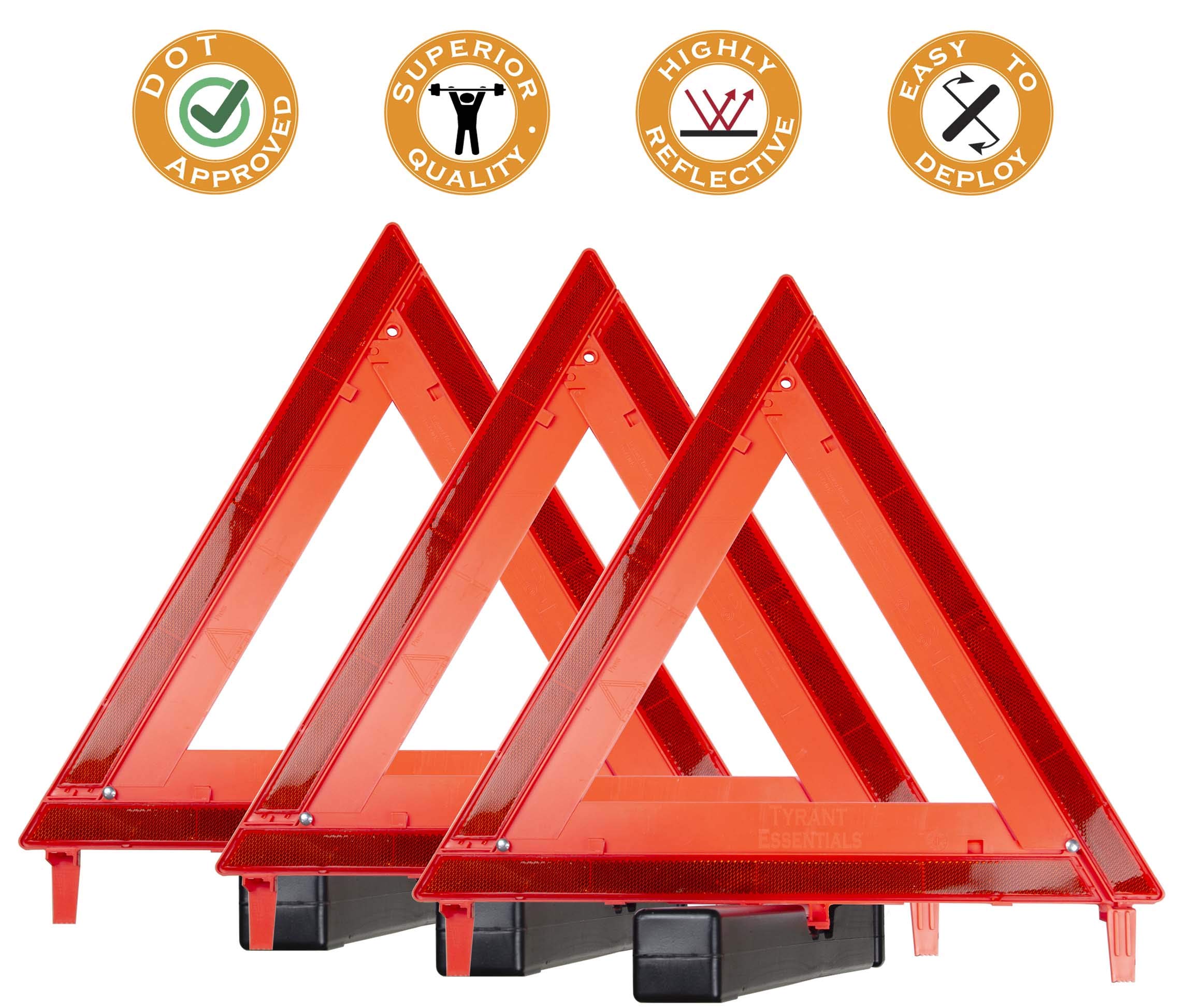 TYRANT Emergency Safety Warning Triangles β Roadside Kit for Car, Truck, RV Vehicles β DOT approved, Highly Reflective, Foldable with Carrying Case, Pack of 3