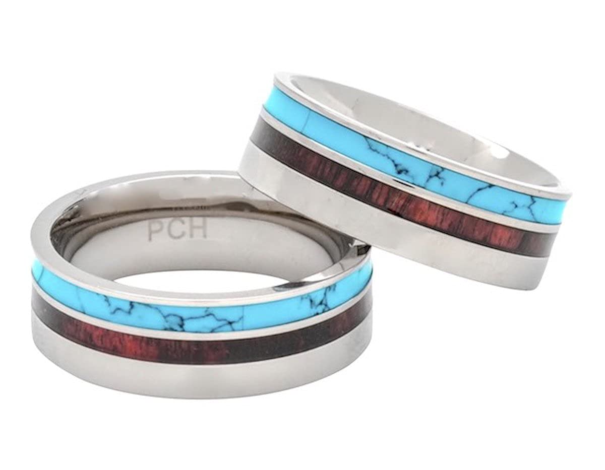 PCH Jewelers Turquoise and Koa Wood Ring set in Titanium High Polish Wedding Bands 8mm Comfort Fit (10)