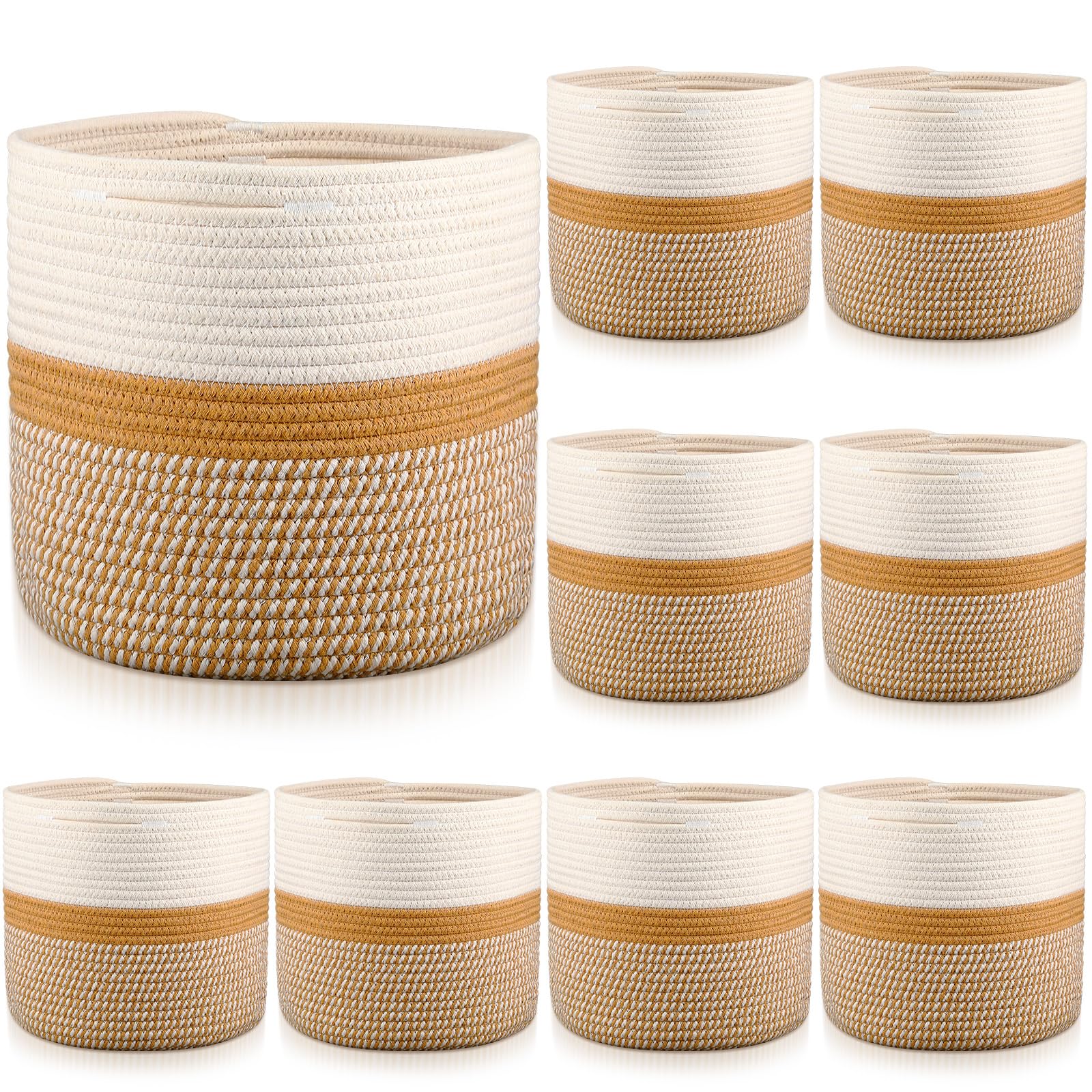 Thyle 9 Pcs Woven Cotton Rope Basket Bulk Storage Cubes Baskets Bins with Handles 10.2 x 10.2 x 10.2'' Round Organizer Bins Cute Toy Basket for Cube Storage Organizer Shelves Clothes Towels