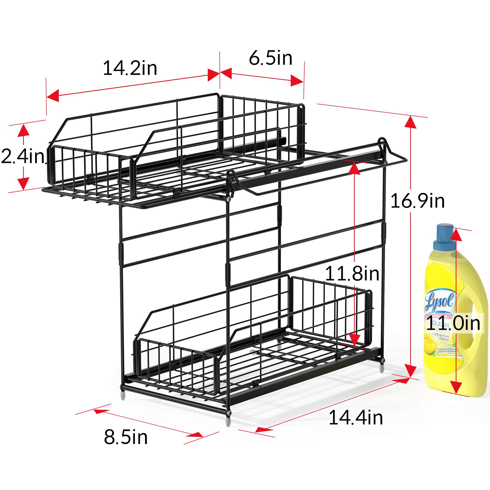 SUEH DESIGN Under Sink Organizers and Storage, 2 Tier Pull Out Cabinet Organizer Sliding Under Sink Storage Shelf with Hanging Rail for Kitchen Bathroom Cabinet Storage, 1 Pack
