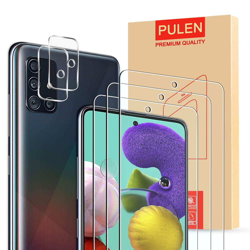 PULEN [5-Pack] Tempered Glass for Samsung Galaxy A51 Screen Protector 3 Packs+2 Packs Camera Lens Protector,9H Hardness HD Clear Scratch Resistant Bubble Free Anti-Fingerprints
