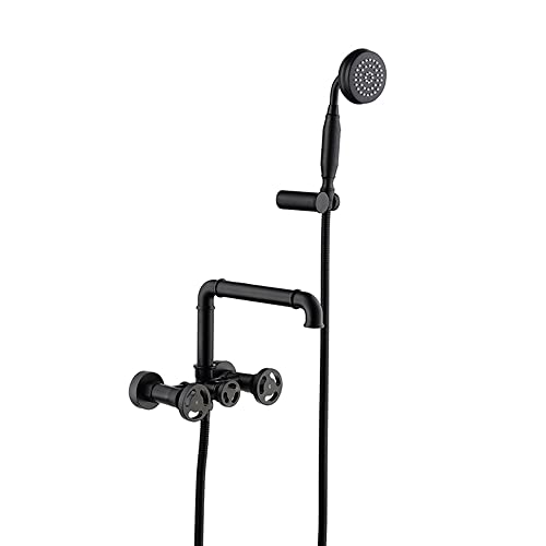 Yawhite Modern Industrial Pipe Wall Mounted Bathtub Filler Faucet with Hand Shower ,3-Handle Tub Faucet Swivel Spout Kit,High Pressure Rough in Valve Solid Brass Black