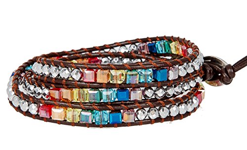 SPUNKYsoul Chakra Awareness Leather 3 Wrap and Crystal Bracelet for Women (Brown)