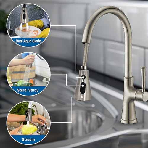 Pull Down Kitchen Faucet Head Replacement Parts - Kitchen Faucet Sprayer Head For Moen, Delta- American Standard - Sink Faucet Head With 9 Nozzels - 3 Functions Spray Head Spiral (Brushed Nickel)