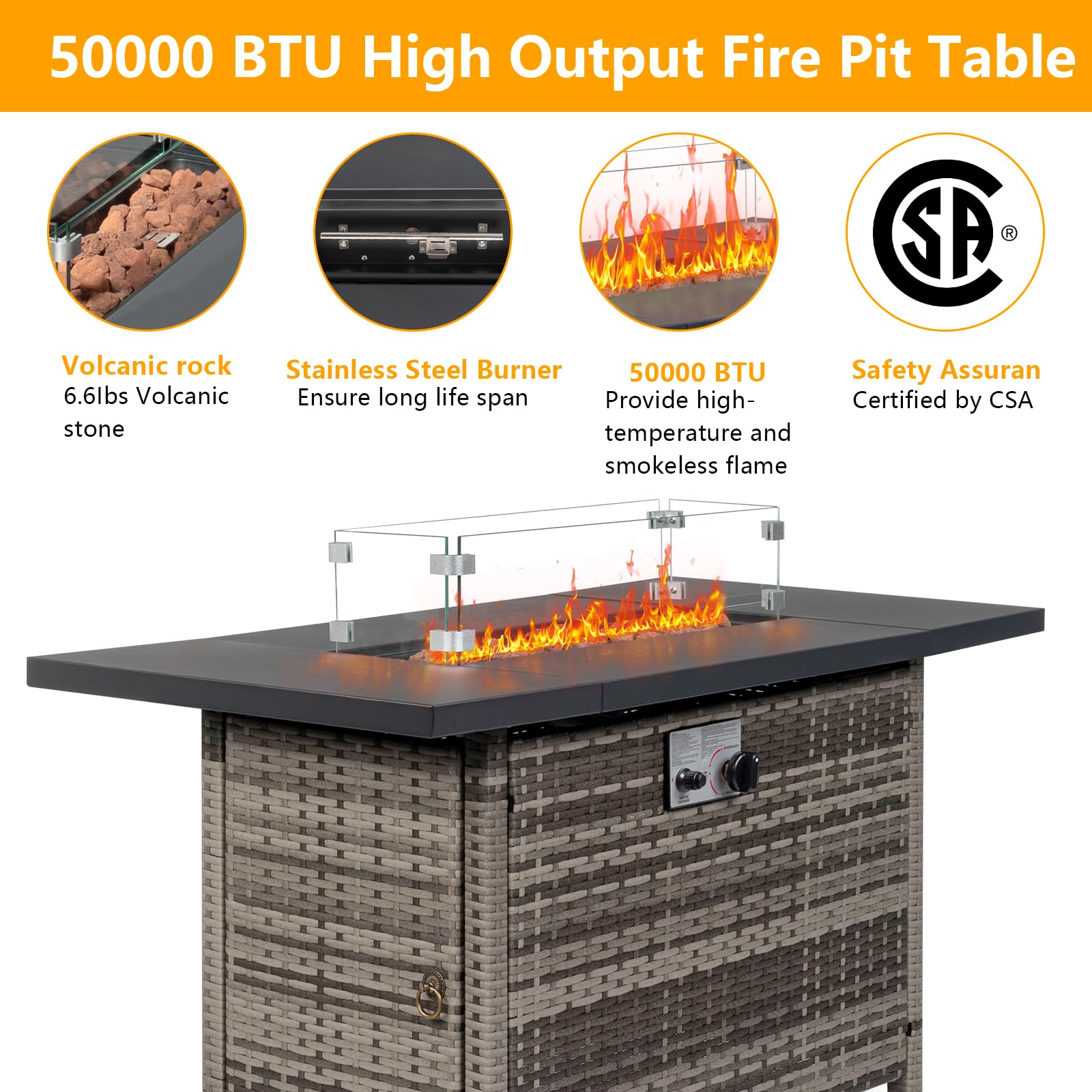 Propane Fire Pit Table, Outdoor Gas Fire Pit Rectangle 50000 BTU, 43 Inch Fire Table for Outside Patio with Auto Ignition, Aluminum Tabletop, Glass Wind Guard, Cover, Beige Wicker