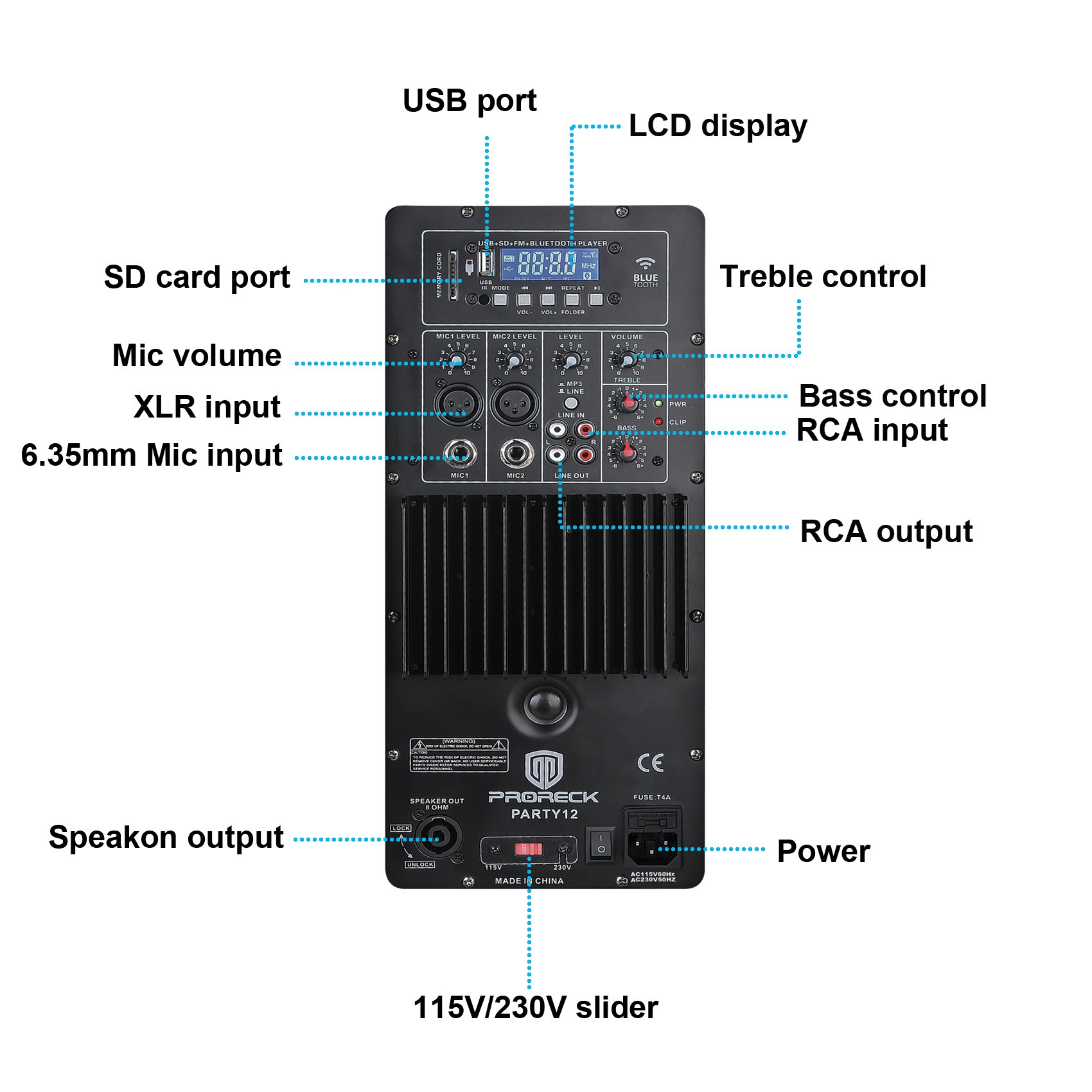 PRORECK Party 12 Portable 12-Inch Woofer 2-Way Powered PA Speaker System Combo Set with Bluetooth/USB/SD Card Reader/FM Radio/Remote Control/Speaker Stand
