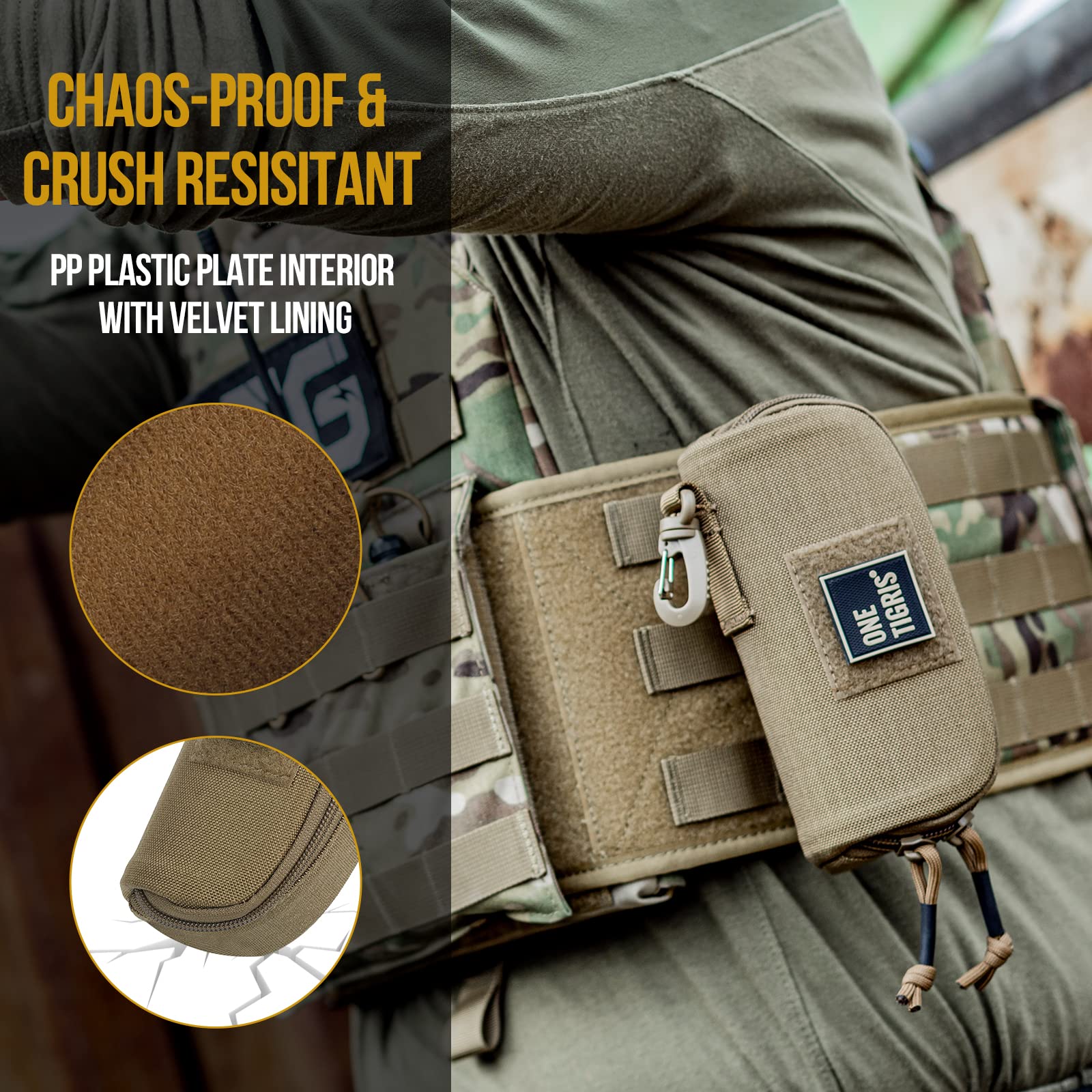 OneTigris Eyeglasses Hard Case Tactical Molle Zipper Sunglasses Carrying Case 1000D Nylon with Clip (Coyote Brown)