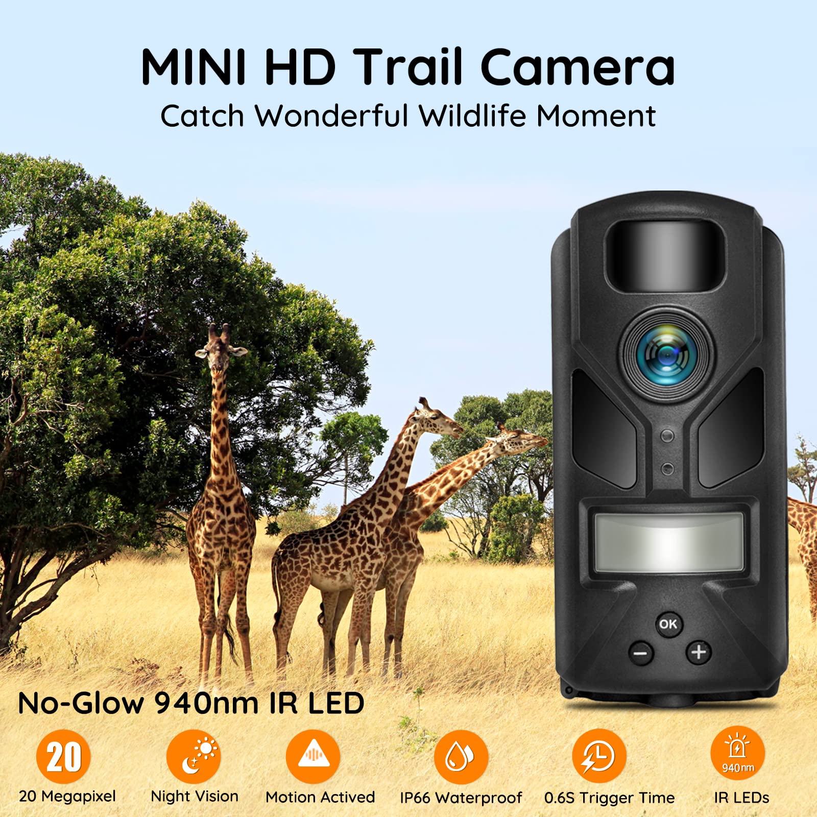 OUTDOOR EXPERT 20MP Mini Trail Camera,1080P Hunting Trail Camera with No Glow 940nm Night Vision Motion Activated IP66 Waterproof,80ft Illumination Range Hunting Game Cam for Wildlife Monitoring
