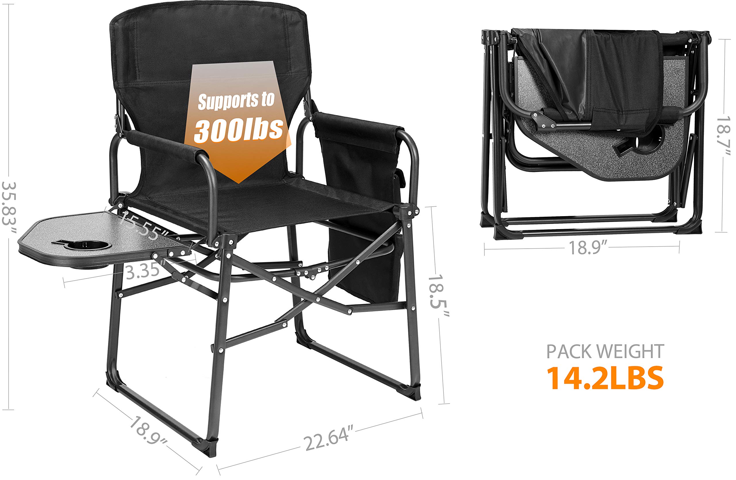 Ubon Steel Frame Portable Director's Chair Ultra Wide Lightweight Seat with Side Table & Pockets - Foldable Equipment for Camping, Beach, Travel, Sports Games - 300lb Capacity