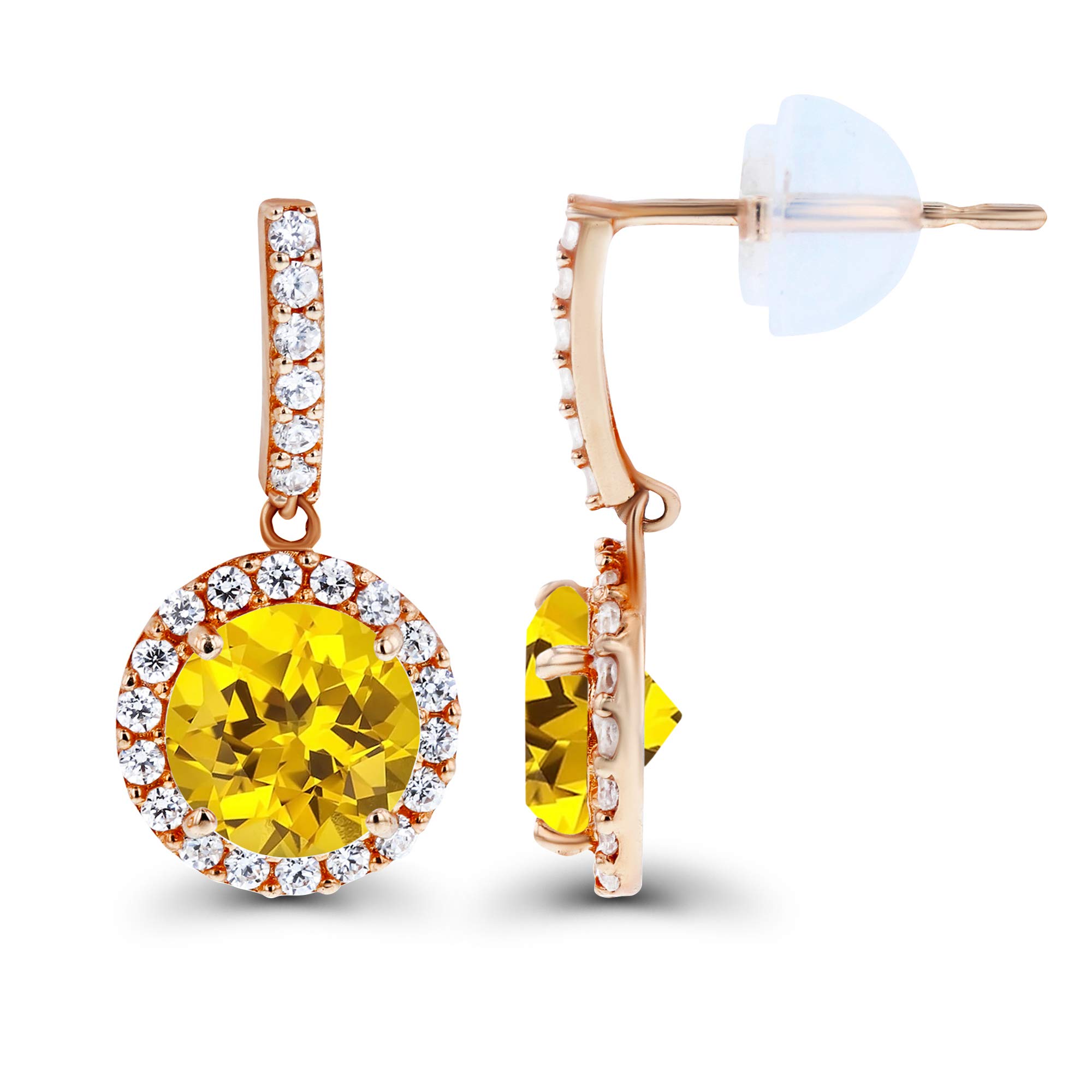 Solid 14K White Gold Dangling 6mm Created Yellow Sapphire Birthstone Dangling Stud Earrings For Women & 1mm Created White Sapphire Halo Dangle Earrings For Women