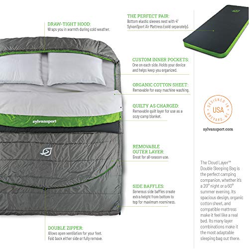 SylvanSport Cloud Layer Sleeping Bag for Adults - Adjustable Layers for 3-4 Season use - Integrated Cotton Sheet