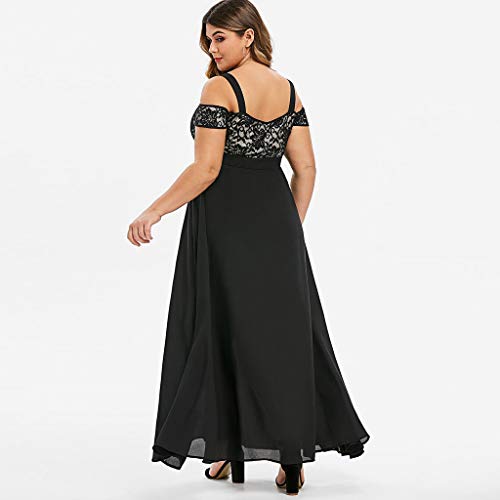 Women Plus Size Cold Shoulder Swing Dress Flower Lace High Waisted Dress Straps Maxi Dress