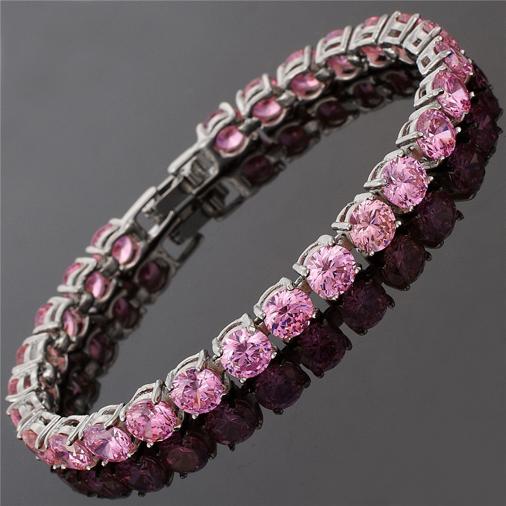 RIZILIA Round Cut Simulated Pink Sapphire CZ 18K Gold Plated Tennis Bracelet, 7"