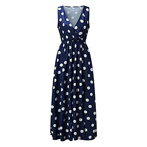 Women Polk Dot & Floral Long Dress Deep V Neck Printed High Wasited Side High Split Maxi Dress for Summer Navy