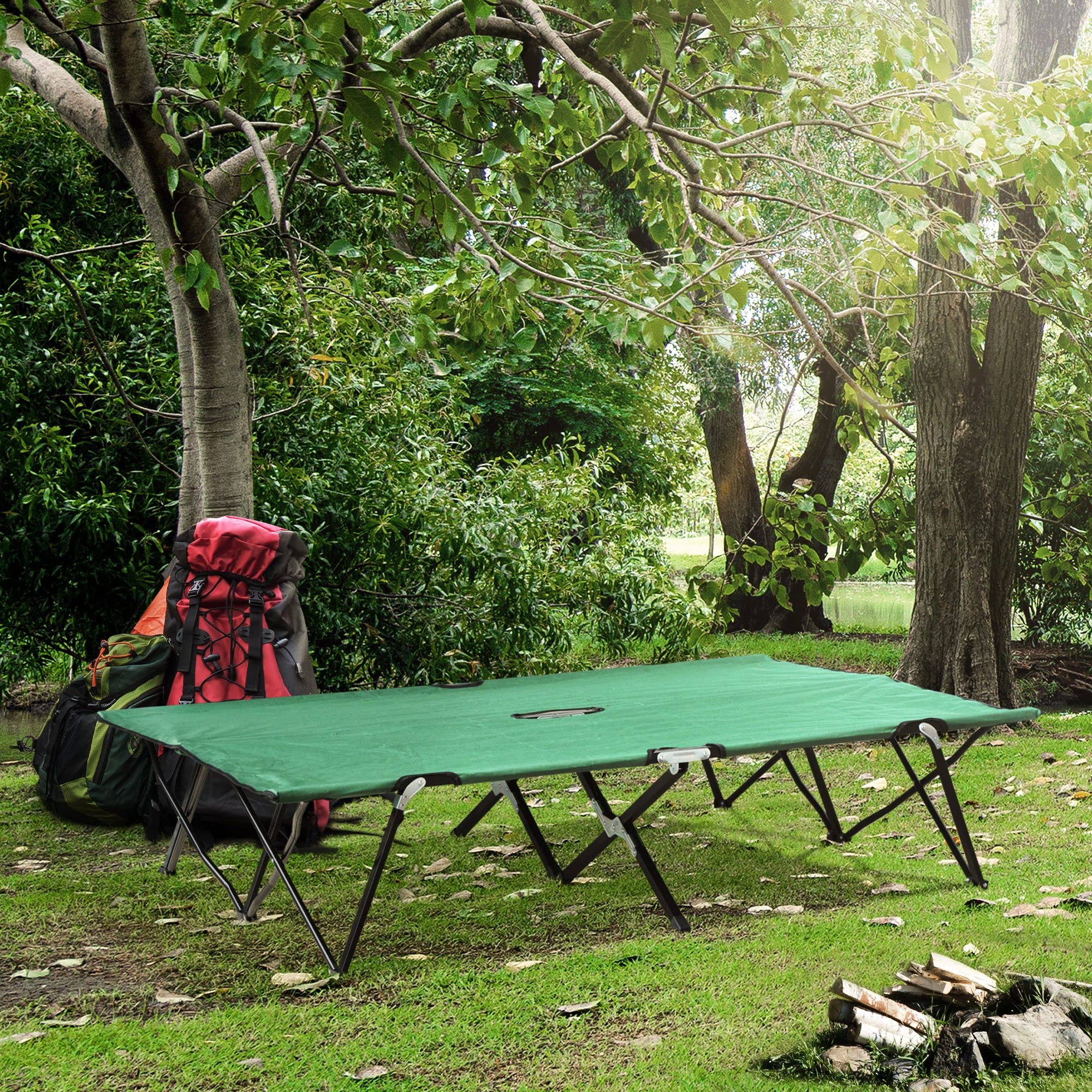Outsunny 2 Person Folding Camping Cot for Adults, 50" Extra Wide Outdoor Portable Sleeping Cot with Carry Bag, Elevated Camping Bed, Beach Hiking, Green