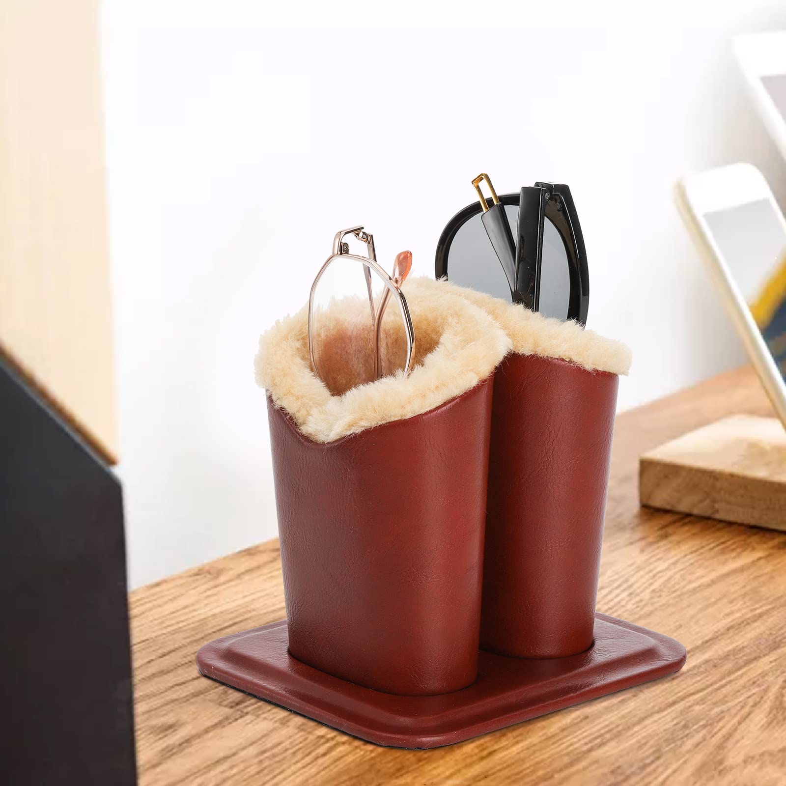 ZOOFOX 2 Pack Double Eyeglasses Holder, Plush Lined Leather Glasses Stand Case for for Desk or Nightstand