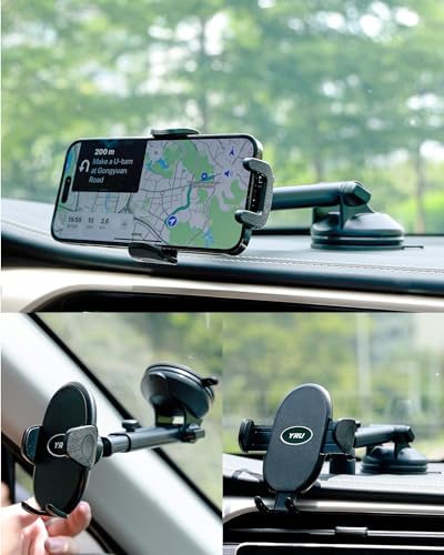 YRU [2024 Upgraded] Universal Car Phone Holder Mount【 360° Rotatable &Strong Suction】 Cell Phone Holder for Car Dashboard Windshield Phone Holder Dash Stand for iPhone 15 14 13 Samsung Truck, Black