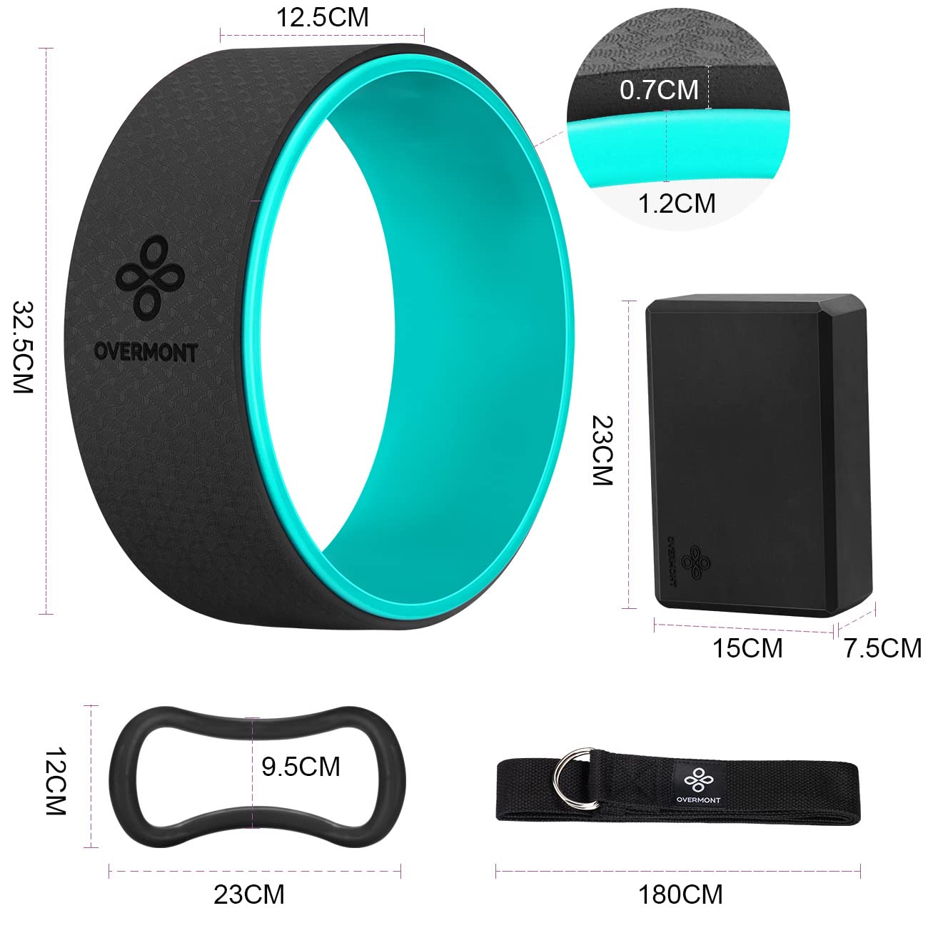 Overmont 5-in-1 Set, 1 Yoga Wheel for Back Pain- 13x 5in, 2 EVA Foam Yoga Blocks with Strap, 1 Extend Ring Premium Back Roller for Yoga Pose Backbend Stretching Pilates Meditation