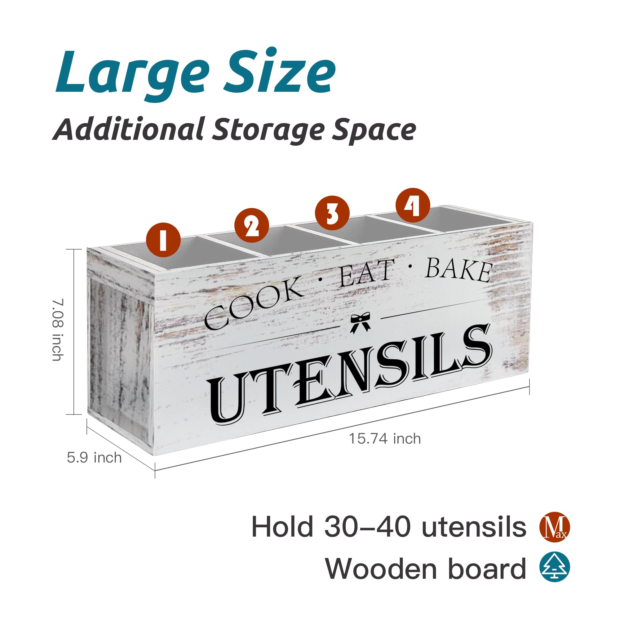 Suli Extra Large Kitchen Utensils Holder with 4 Compartments, Wooden Utensil Organizer for Kitchen Countertop, Farmhouse Kitchen Decor, Rustic Cooking Utensil - White grain