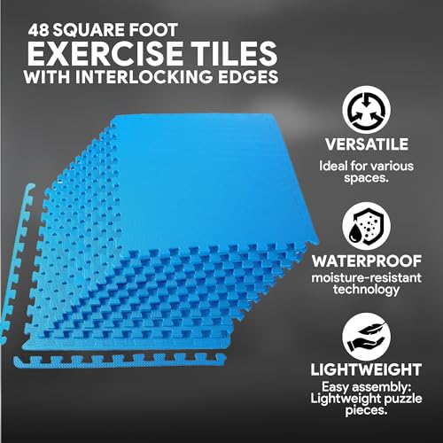 Signature Fitness Puzzle Exercise Mat with EVA Foam Interlocking Tiles for MMA, Exercise, Gymnastics and Home Gym Protective Flooring, 1/2" Thick, 48 Square Feet, Blue