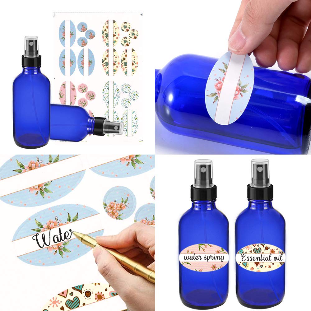 STARSIDE 6 Pack 120 ml 4oz Blue Glass Spray Bottles with Fine Mist Sprayer & Dust Cap for Essential Oils, Perfumes,Cleaning Products.Included 1 Brush, 2 Funnels,2 Droppers & 12 Labels.