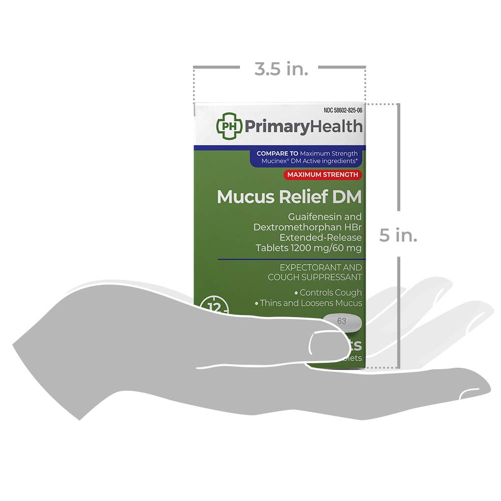 Primary Health Mucus Relief DM Maximum Strength Dextromethorphan 60mg, Guaifenesin 1200mg, Extended-Release Tablets, 42Count