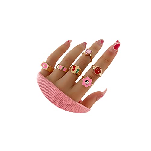 YOOESTORES82 Cute Gold Knuckle Ring Set Heart Yin Yang Stackable Rings Rhinestone Flower Multiple Flame Midi Finger Ring Sets for Women Girls (A)