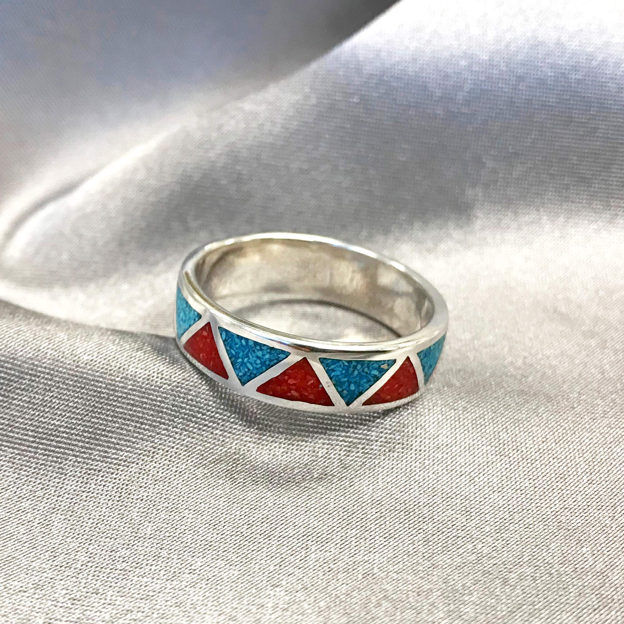Southwestern Style Turquoise and Coral Gemstone 6mm Wedding Band 925 Sterling Silver Unisex Ring for Women Size 14.5