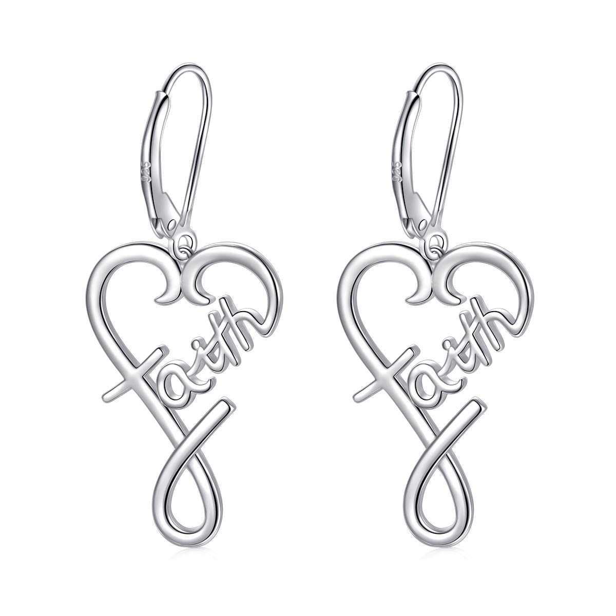 S925 Sterling Silver Word Calligraphy Jewelry Faith Inspirational Message Charm Love Heart Dangle Drop Hoop Earring for Women