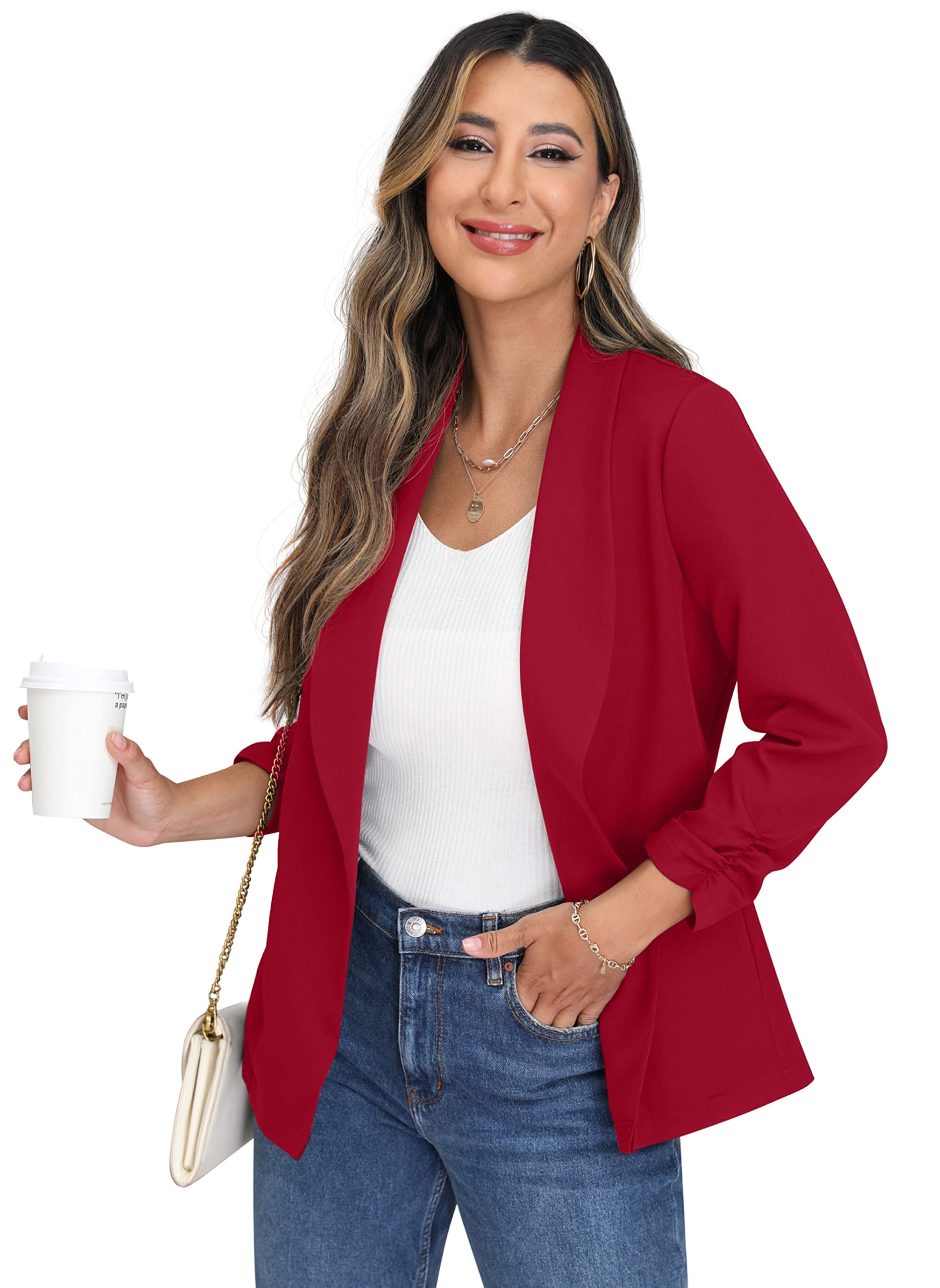 ONLYSTORY Womens Blazer Jackets for Women 3/4 Ruched Sleeve Work Casual Lightweight Blazer with Pockets Red-16