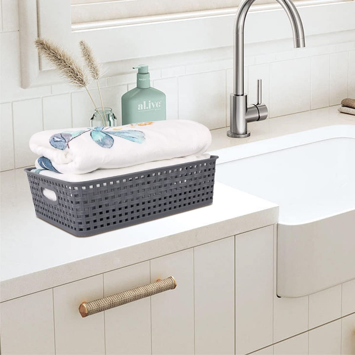 Tonxus Plastic Storage Baskets Set of 6 Durable Small Weave Pantry Organizer Bins Organization and Storage Shelves Baskets Organization for Kitchen,Craft Room Bookshelf and Office (Gray)