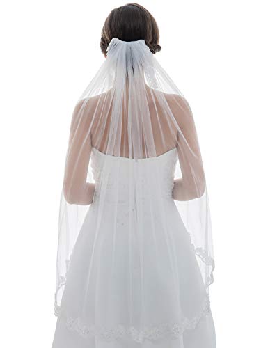 SAMKY 1T 1 Tier Floral Scallop Embroided Lace Pearl Veil - White Fingertip Length 36" V470