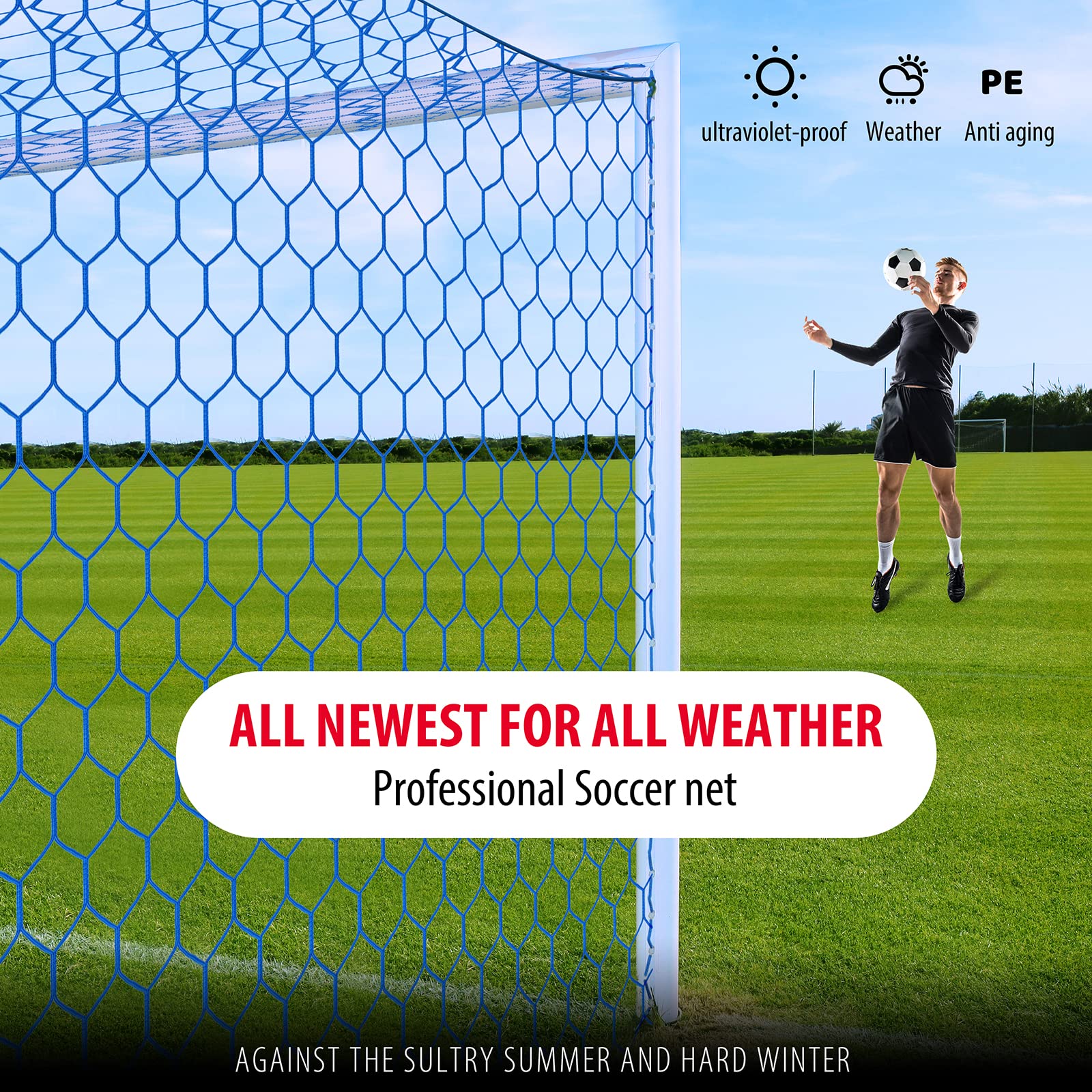 XXXYYY Soccer Goal Net Replacement 24x8FT, Professional On-Court Quality [8.4 LBS, 4mm Nylon], Upgraded Weather Resistance, Better Break Strength, Higher Abrasion Resistance- Blue (Net Only)