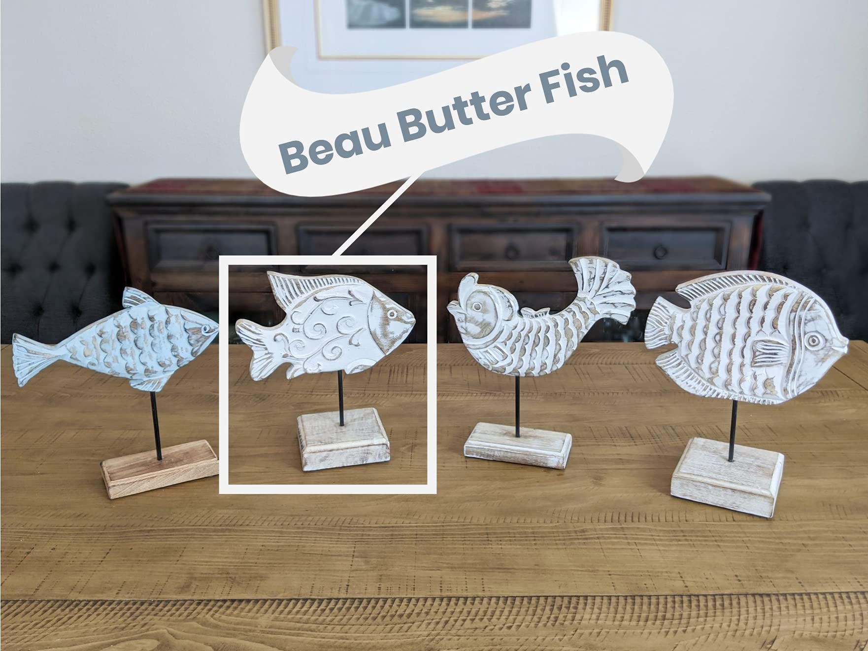 Wooden Fish Sculpture Home Decor | Handmade Beau Butter Fish Statue on Base Stand | Nautical Beach House Decor Rustic Centerpiece Table Decor for Office, Living Room (Beau Butter Fish)