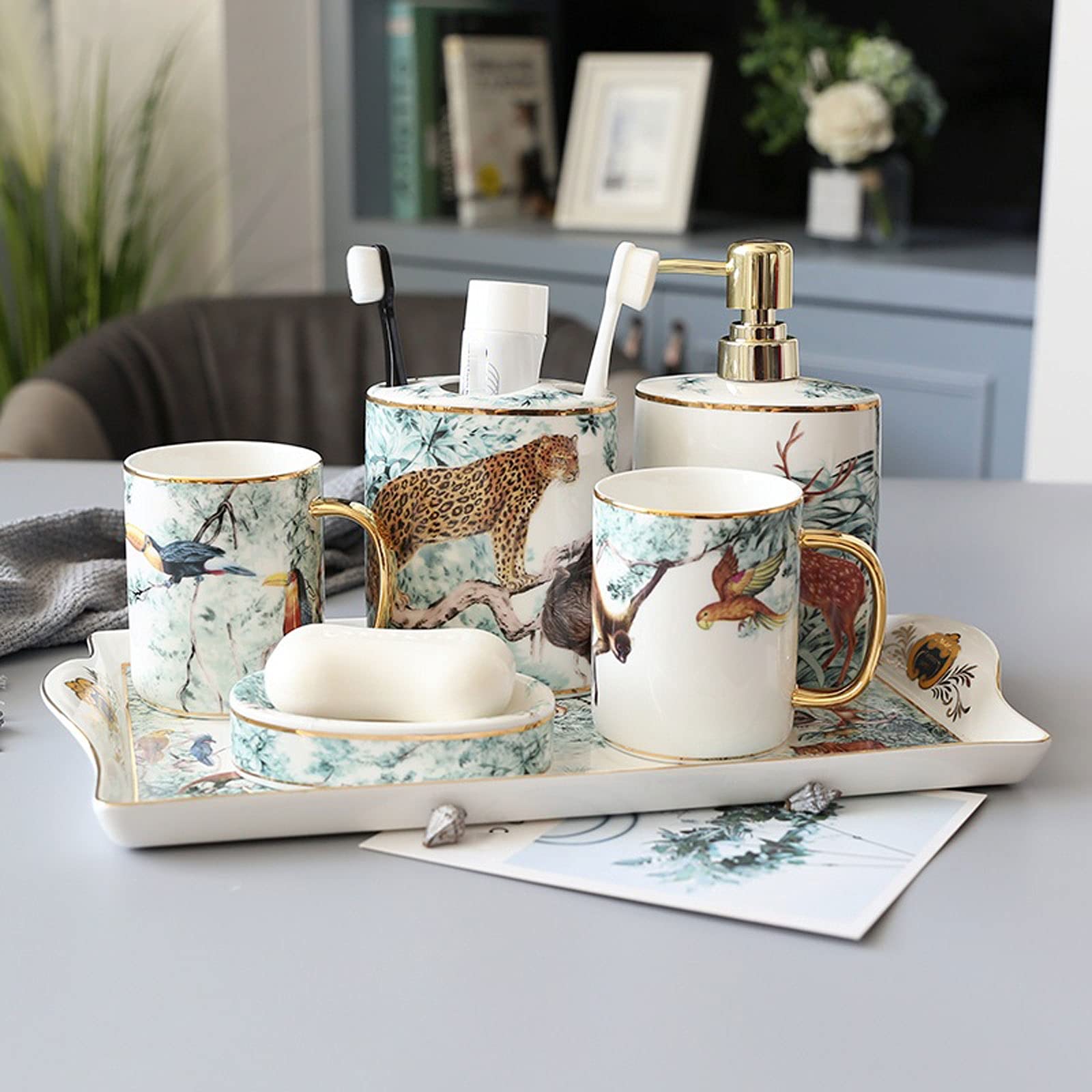 SUNESA Soap Dispenser 6-Piece Set Animal Pattern Ceramic Kitchen Soap Dispenser with Tray, for Home Hotel Bathroom, Kitchen Hotel Bathroom Accessories Bathroom Soap Dispenser