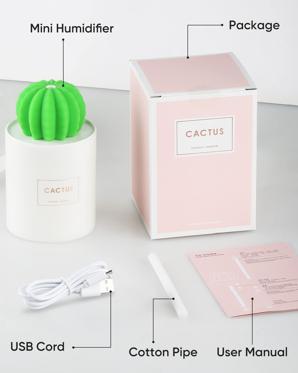 ONUEMP Cactus Humidifiers with Night Light, Mini Cool Mist Humidifier 280ml USB Portable Air Diffuser, Auto Shut-off, Gift for Christmas, Valentines, for Bedroom, Baby, Travel, Desktop, Home, Office