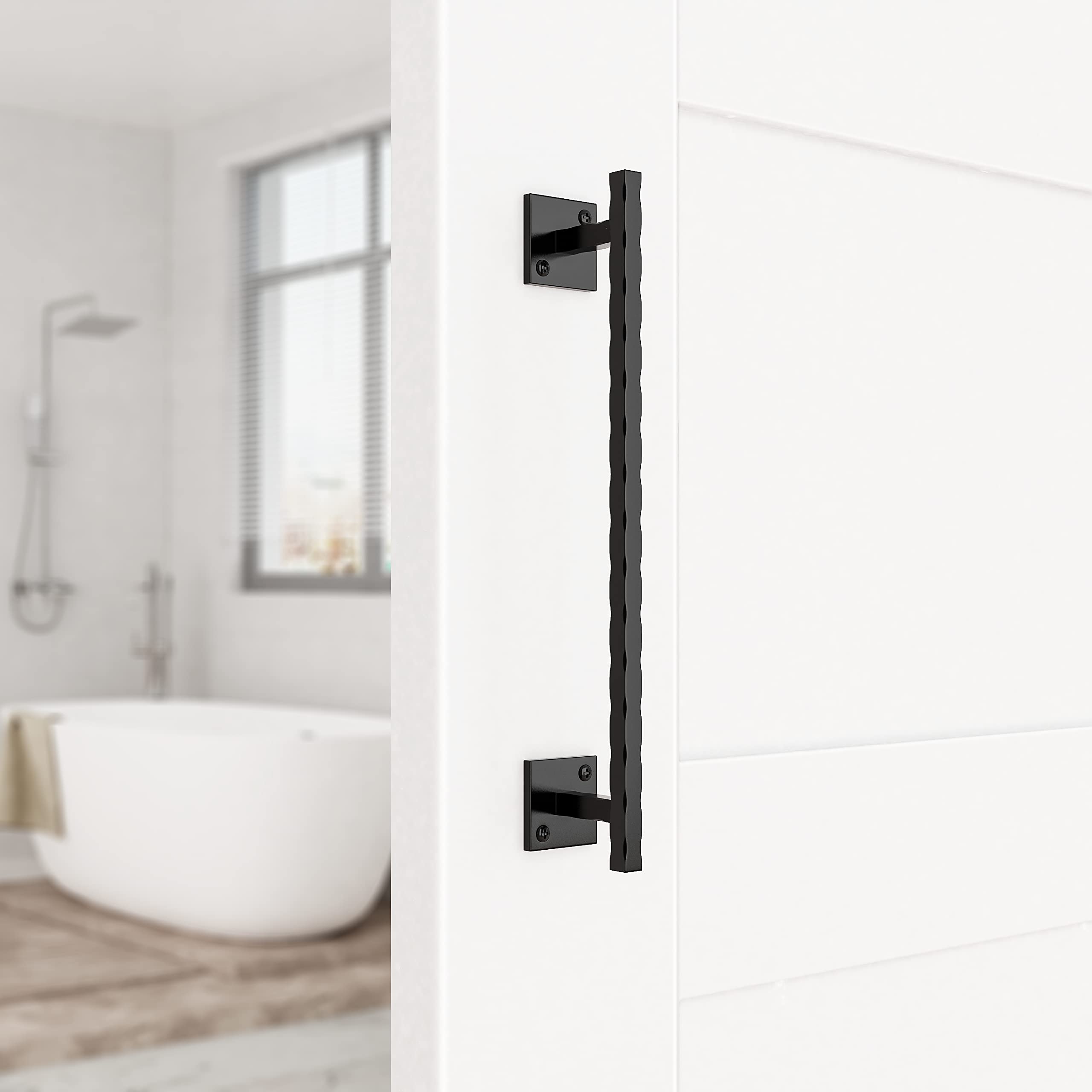 WINSOON 12" Sliding Barn Door Handle, Large Rustic Design Wavy Split Base Door Pull Handle, Black Heavy Duty Solid Metal Material, Suitable for Interior and Exterior Door, Garages, Closet